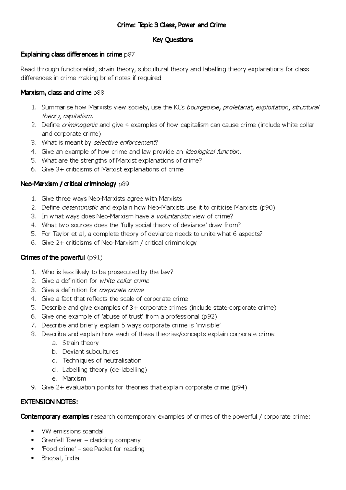Topic 3 key questions - Crime: Topic 3 Class, Power and Crime Key ...