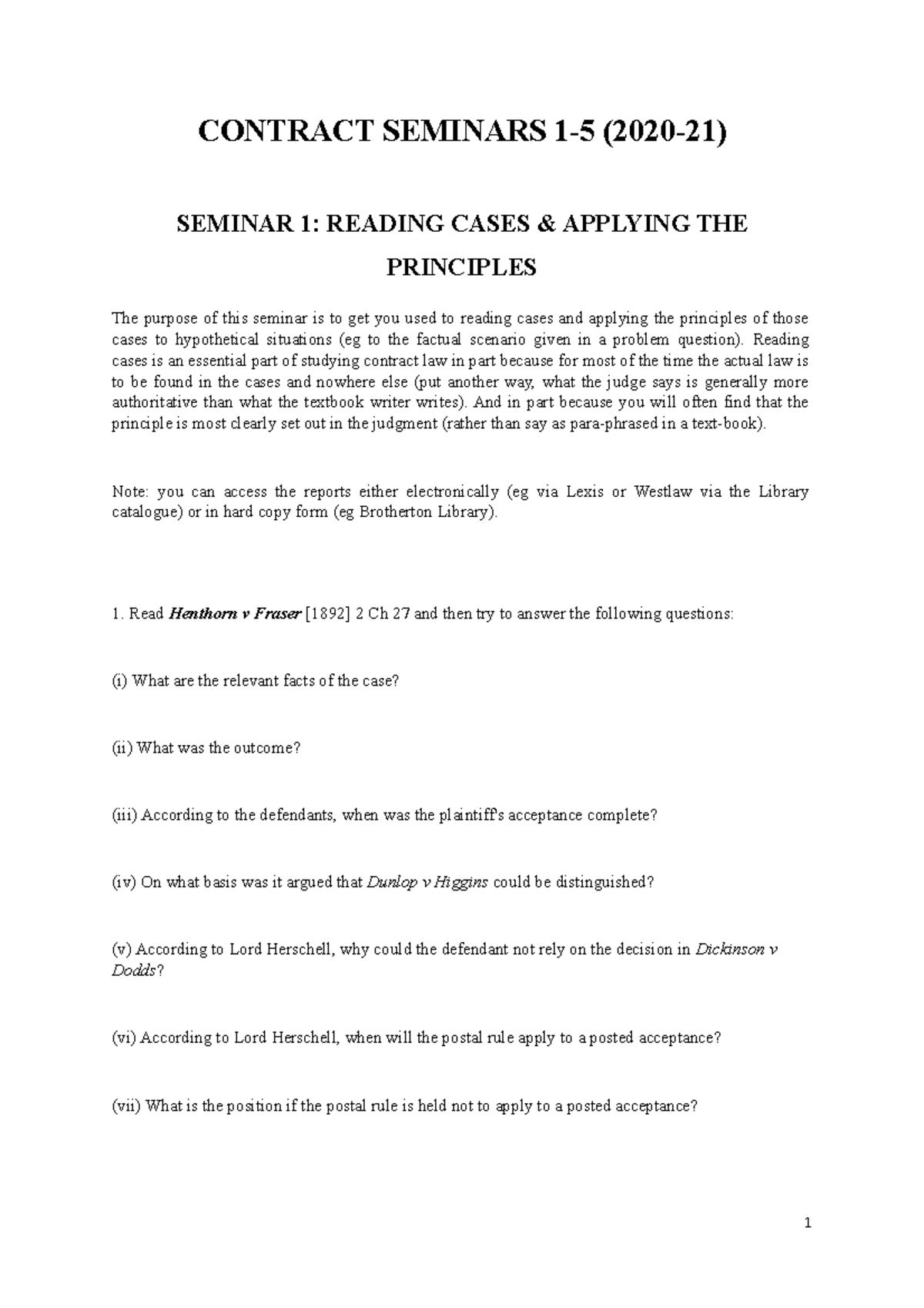 Contract 2021 Seminar Handout (1) - CONTRACT SEMINARS 1-5 (2020-21 ...