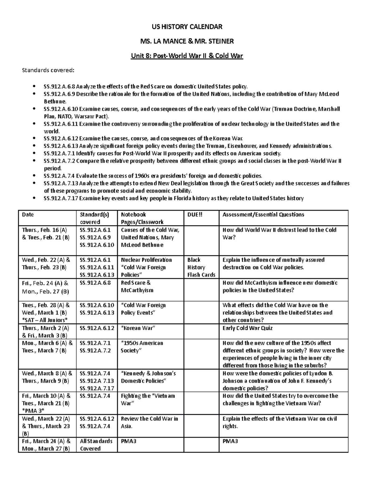 Unit 8 Calendar ^0 Study Guide - US HISTORY CALENDAR MS. LA MANCE & MR ...