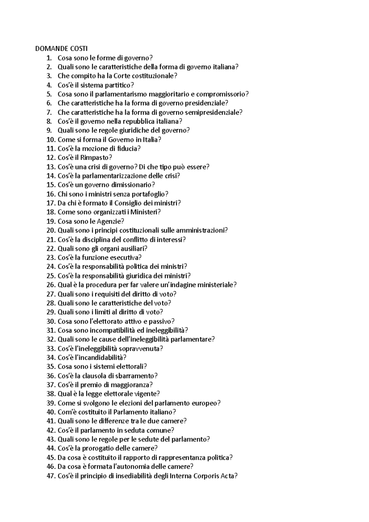 Domande costi - DOMANDE COSTI Cosa sono le forme di governo? Quali sono ...