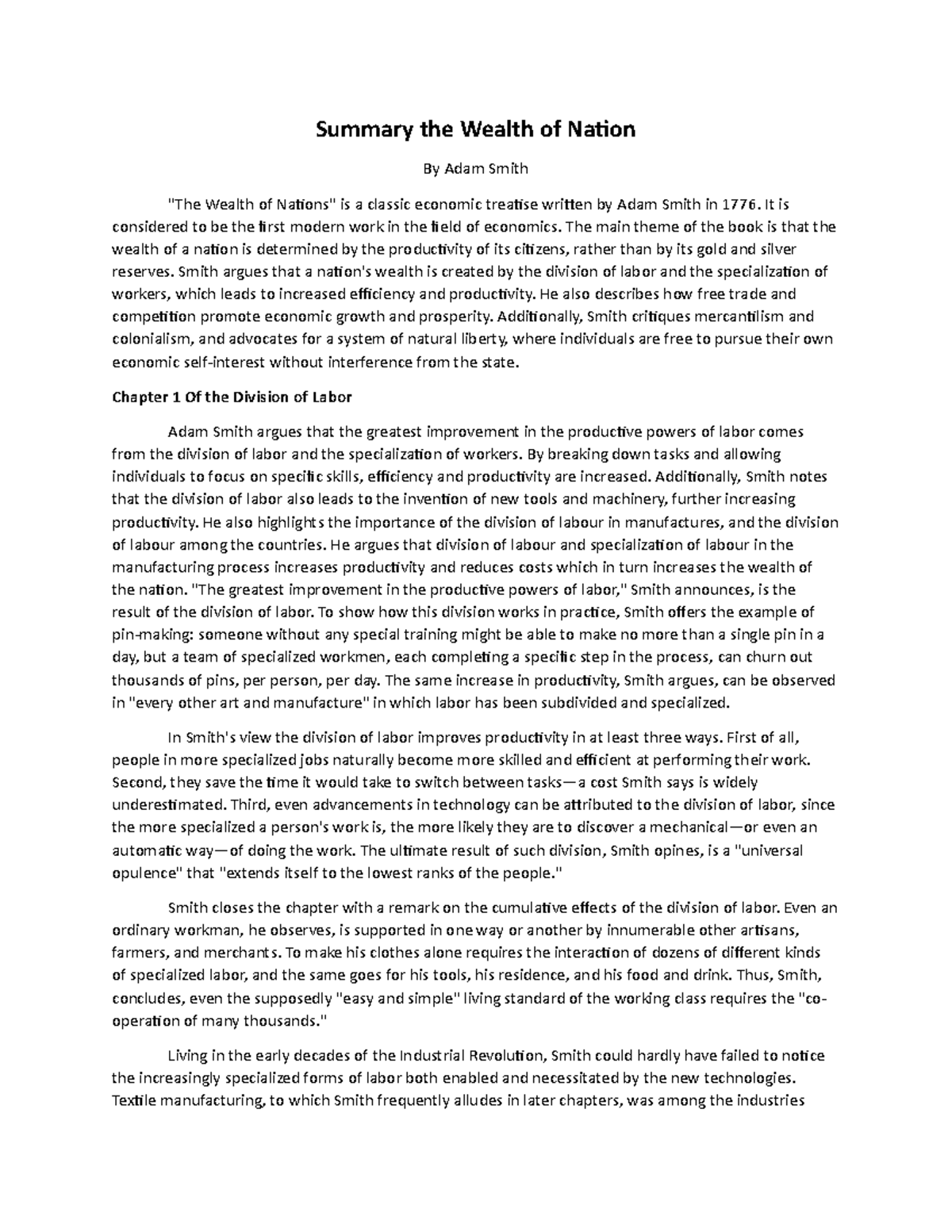 The Wealth of Nations - Summaries and analysis chapter 1 - Summary the ...
