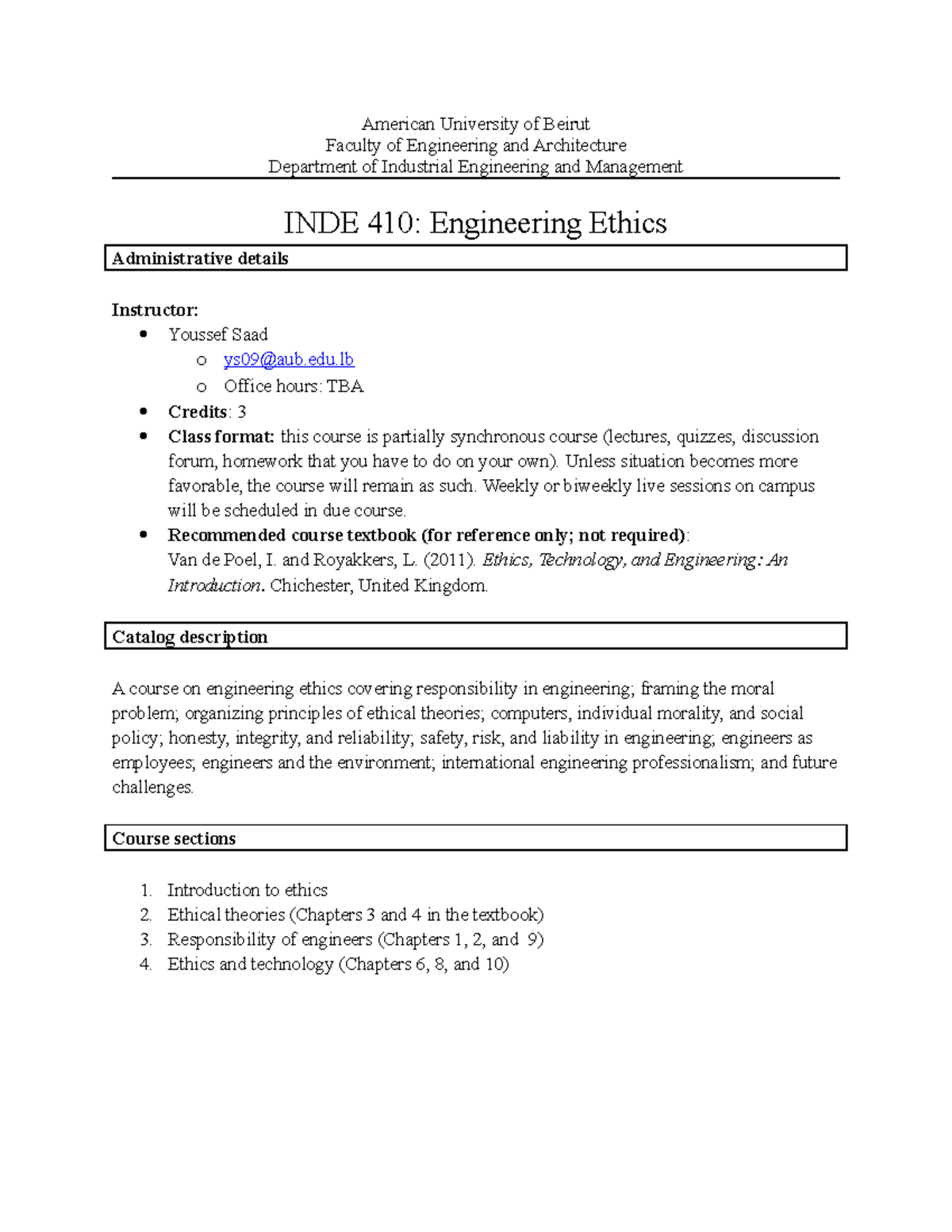 INDE 410 - Engineering Ethics - Syllabus final - American University of Beirut Faculty of - Studocu