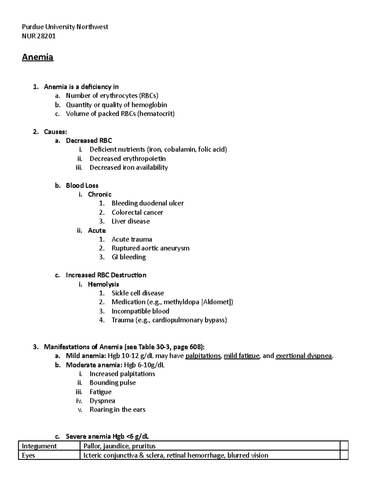 Hematologic Skeleton - Purdue University Northwest NUR 28201 Anemia ...
