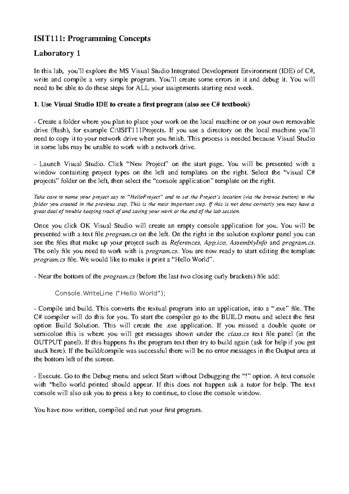 Fundamentals Of Programming Assignments Lab1 111 15 Isit111 Programming Concepts