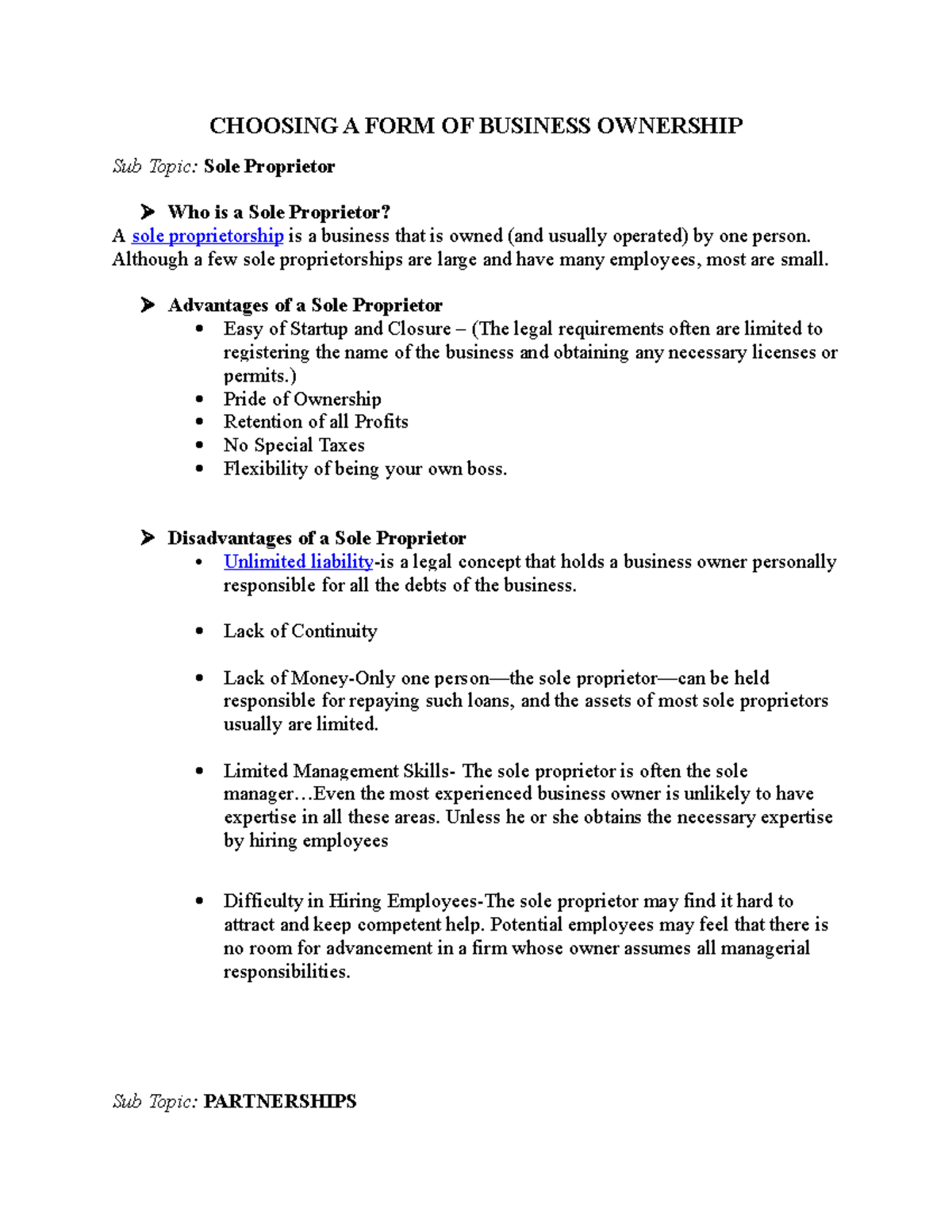 Chapter 4 Business Lecture Notes - CHOOSING A FORM OF BUSINESS ...