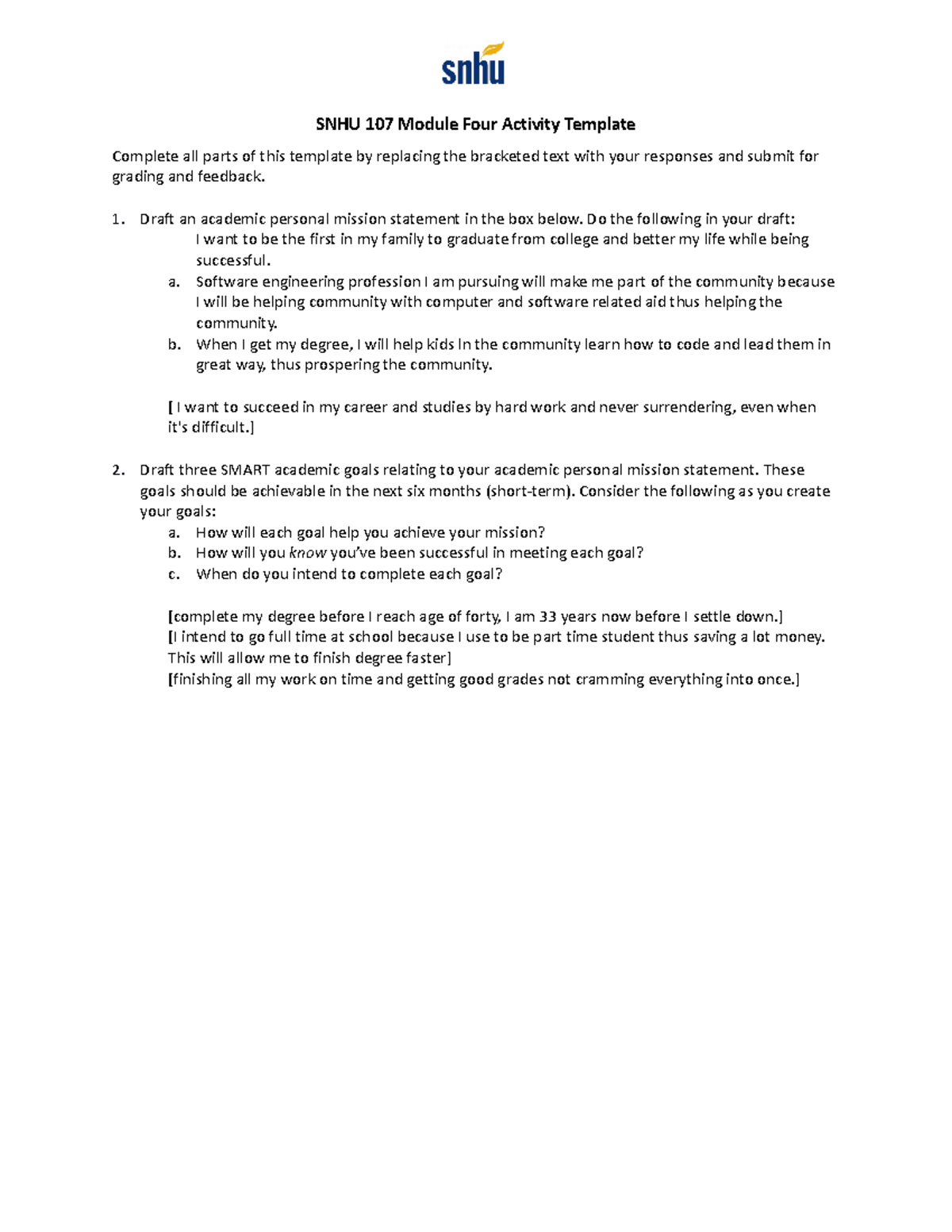 SNHU 107 Module Four Activity Template - SNHU 107 Module Four Activity Template Complete all ...