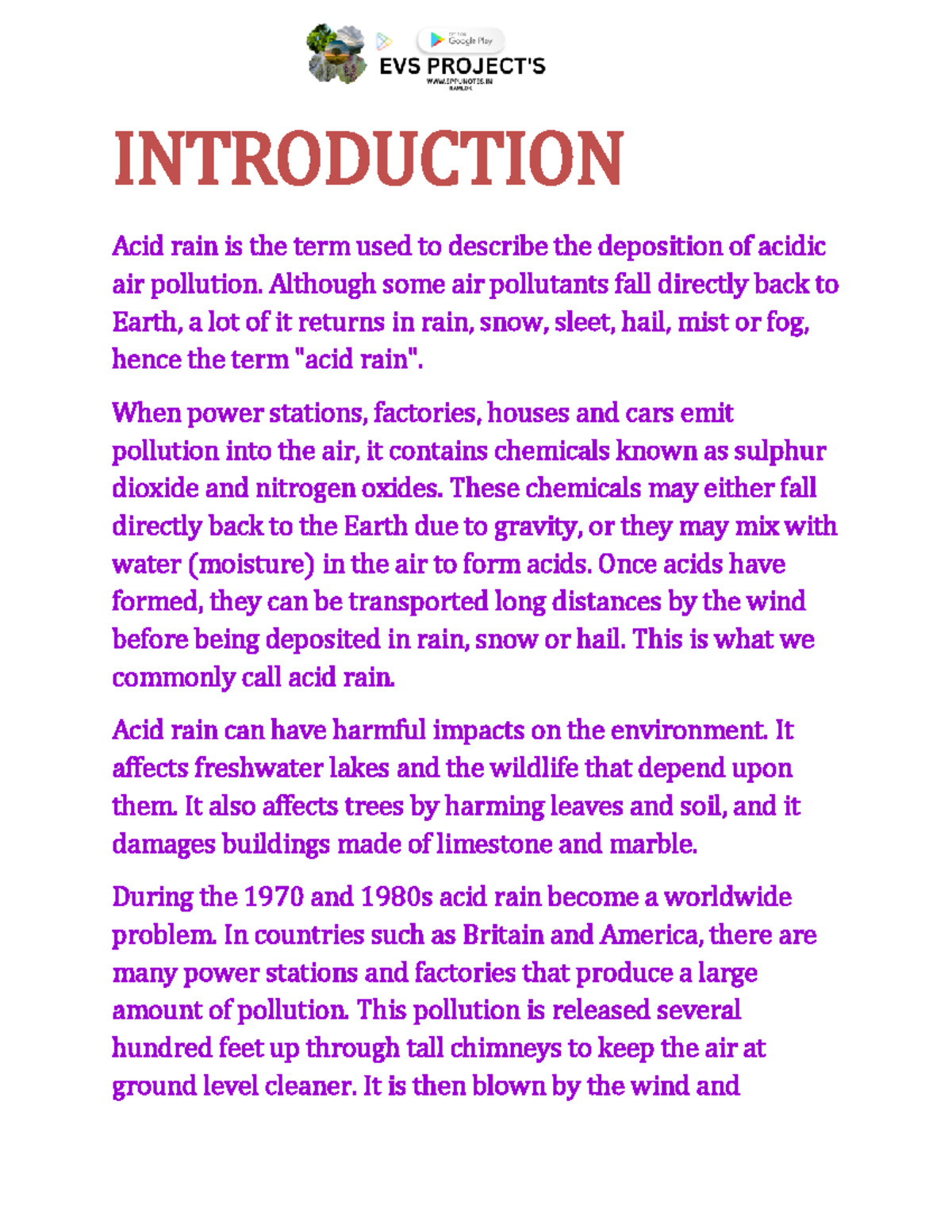 Acidrain - Its A Evs Projects And you can easy Write it - INTRODUCTION ...