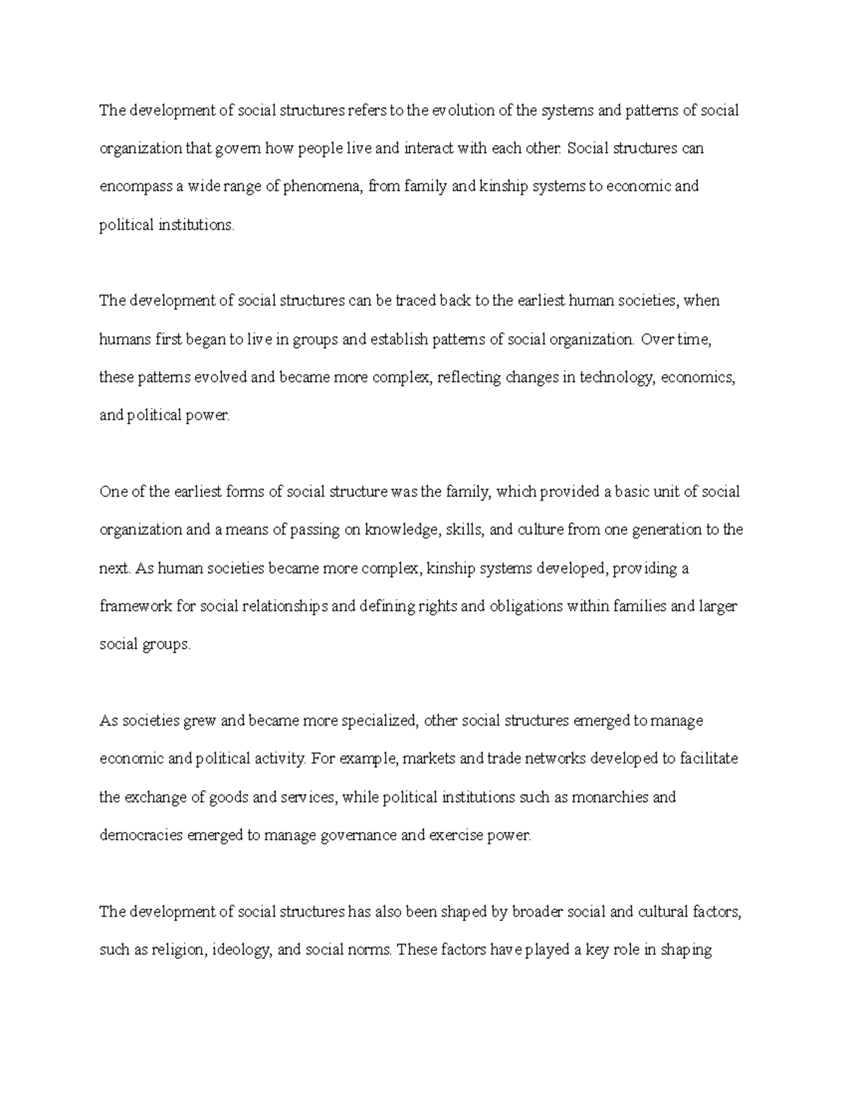 The development of social structures Notes - Social structures can ...