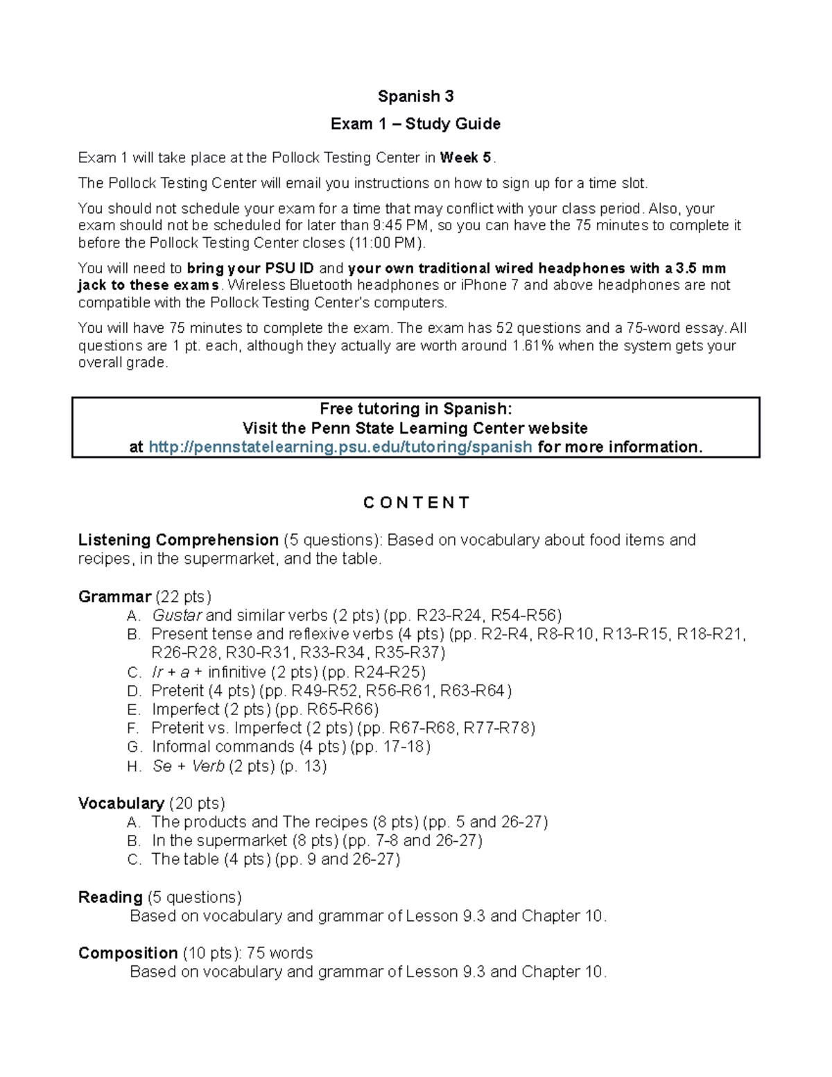 SPAN3 SP22 Study Guide Exam 1 NO Answers Final-2 - Spanish 3 Exam 1 ...