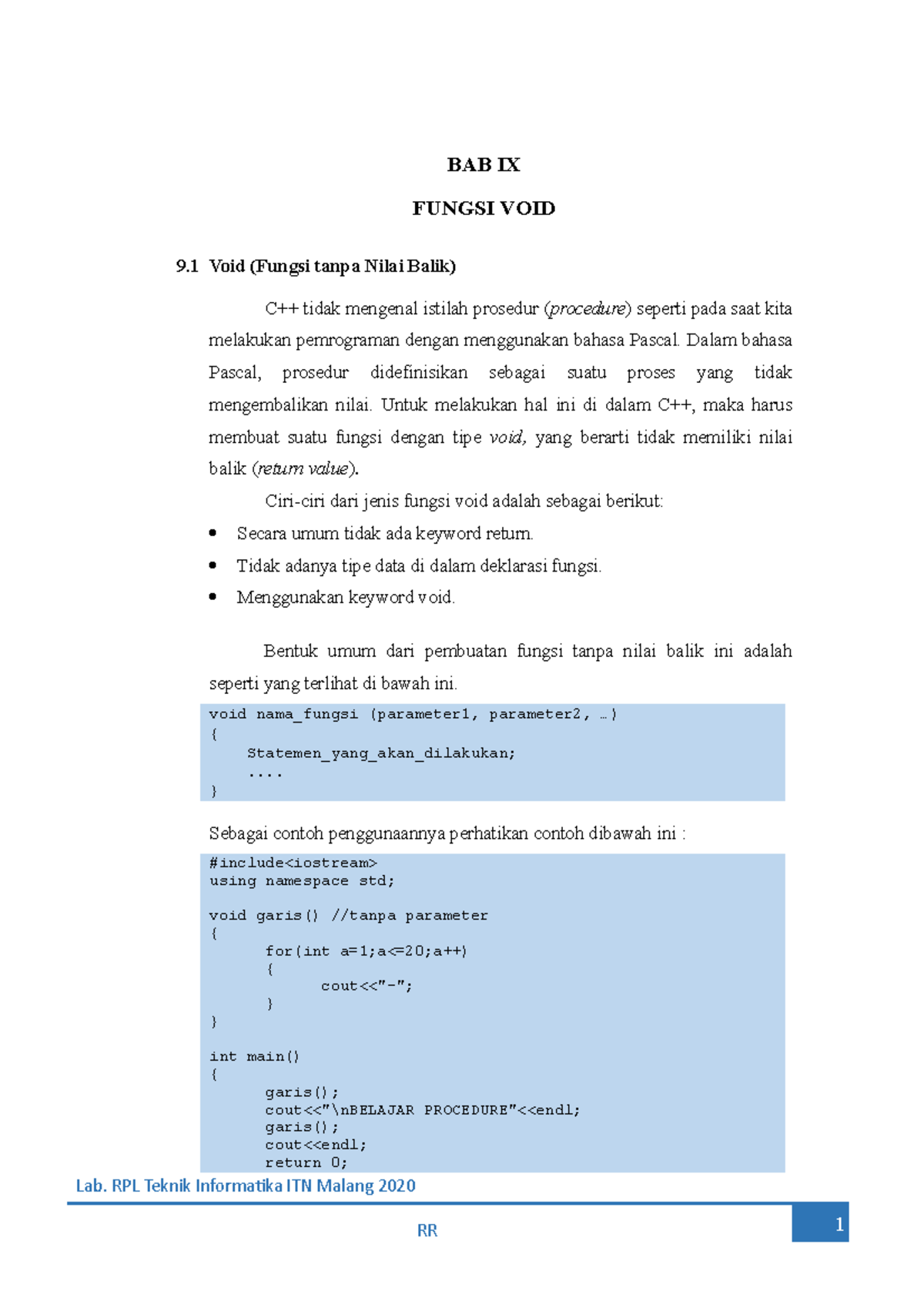 BAB IX - Catatan ringkasan bab 9 - Lab. RPL Teknik Informatika ITN Malang 2020 BAB IX FUNGSI ...