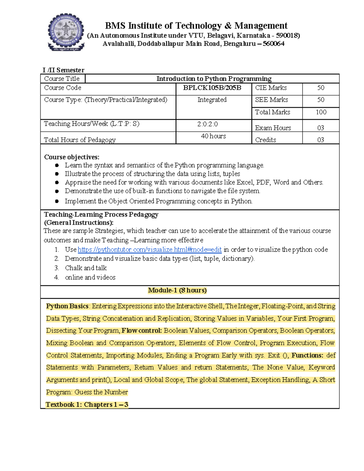 Syllabus for 1st-IA - BMS Institute of Technology & Management (An ...