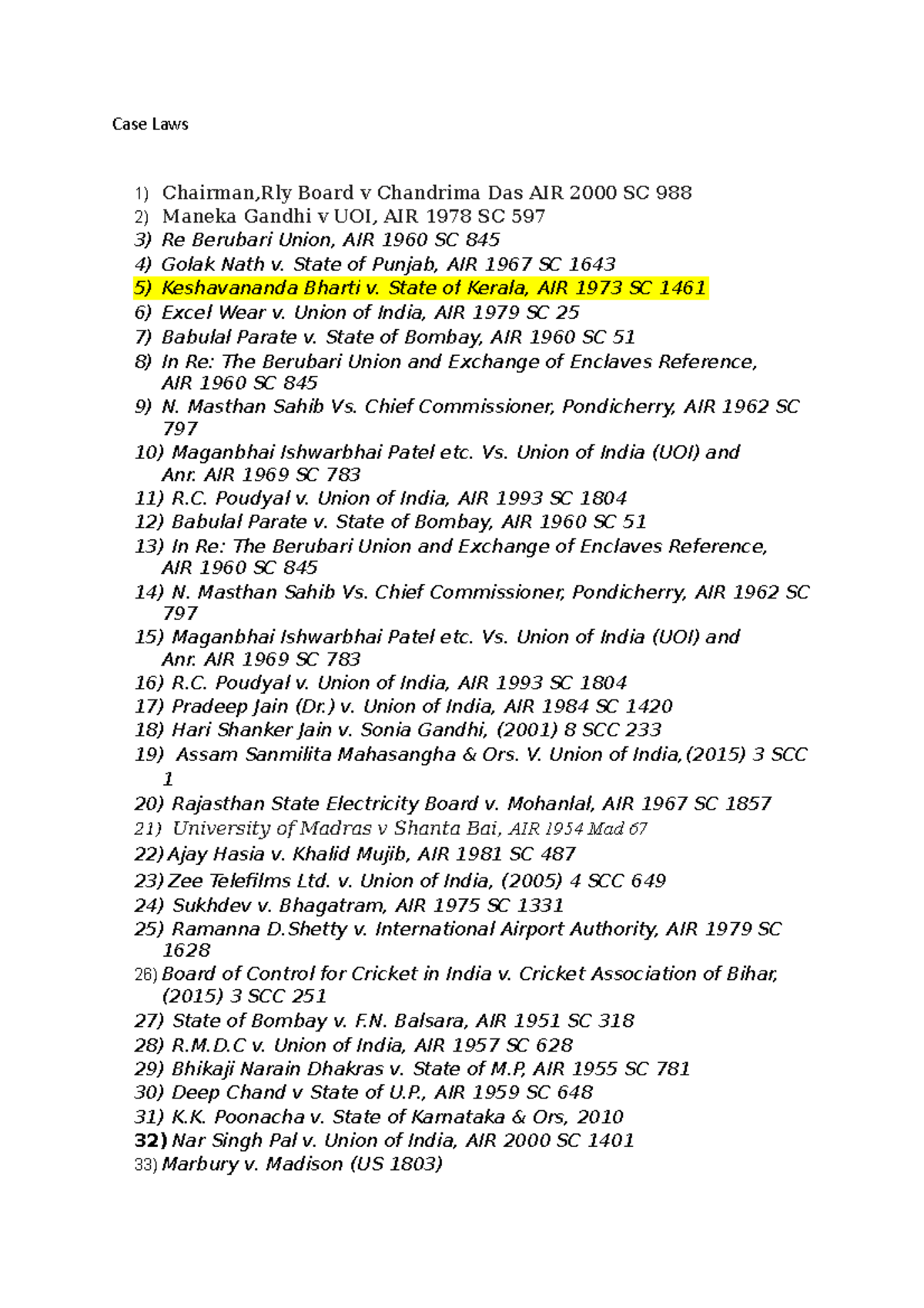Case Laws - Study material provided by the college. - Case Laws ...