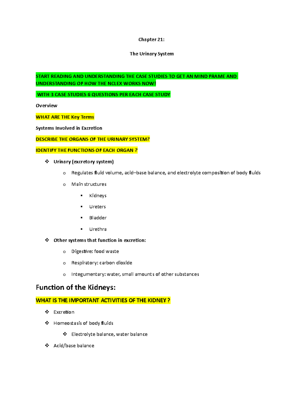 Chapter 21 Student Outline - Chapter 21: The Urinary System START ...