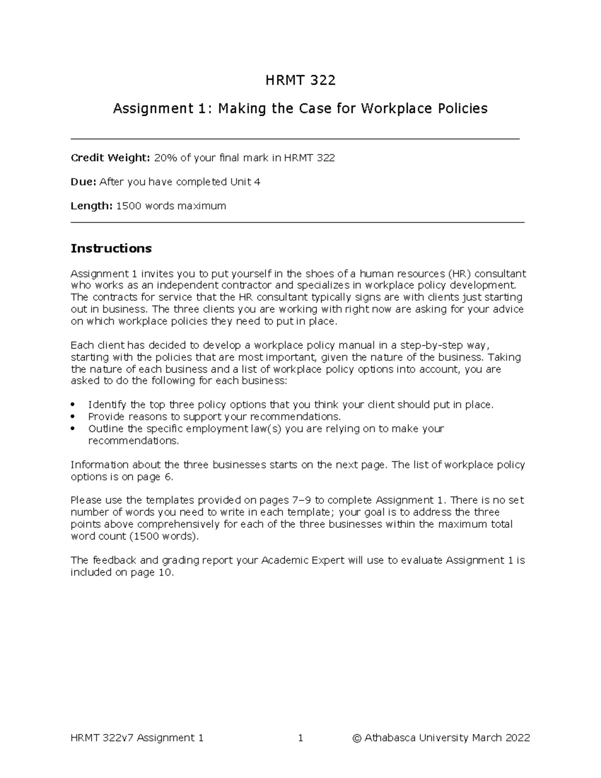 HRMT322v7 Assigment 1 - assignment - HRMT 322 Assignment 1: Making the ...