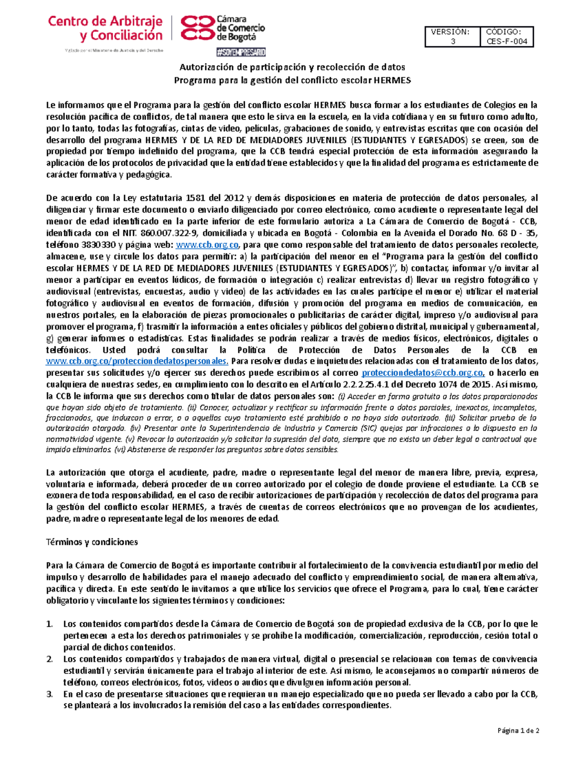 Formato Habeas data - VERSIÓN: CÓDIGO: 3 CES-F- Autorización de ...