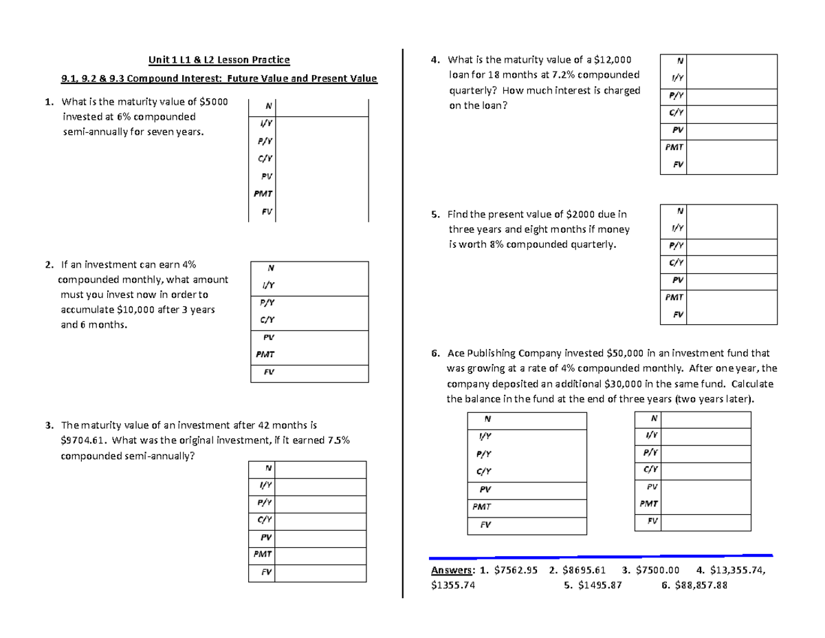 L1 & L2 Lesson Practice W Tables - Unit 1 L1 & L2 Lesson Practice 9, 9 ...