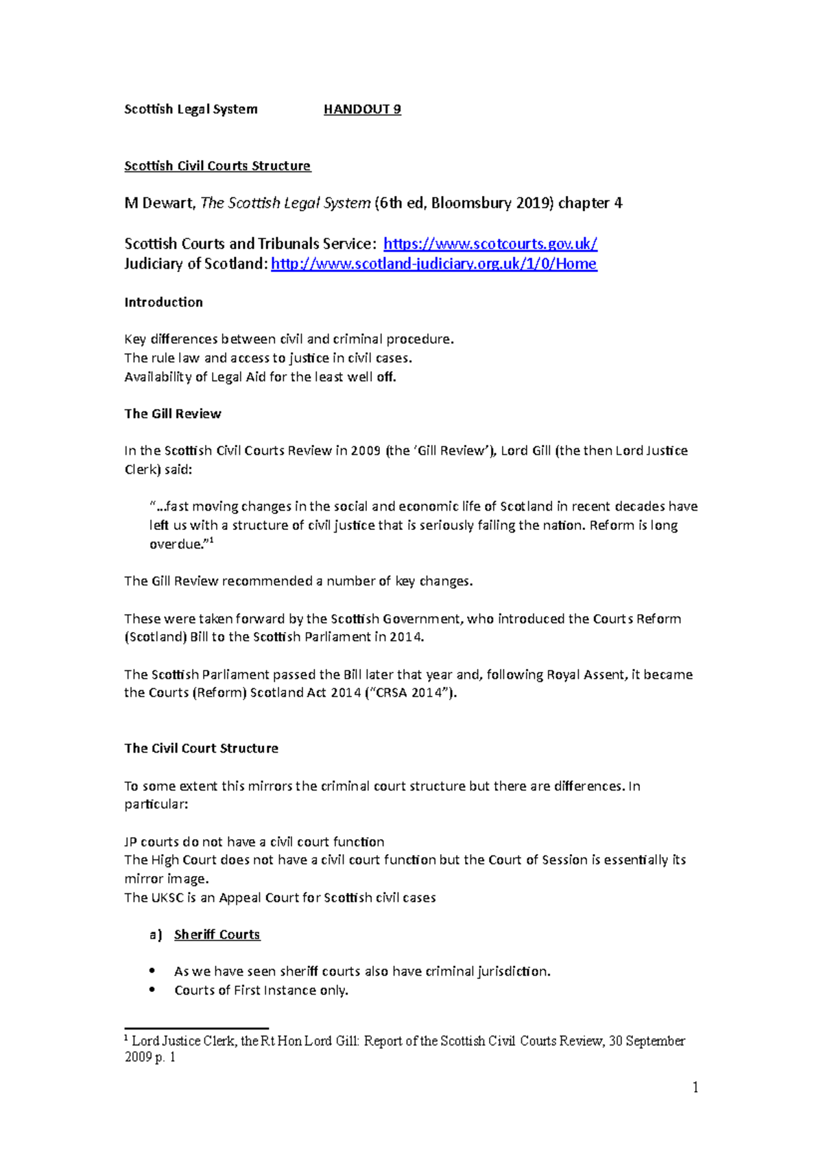 Lecture 9 - Civil Courts - Scottish Legal System HANDOUT 9 Scottish ...