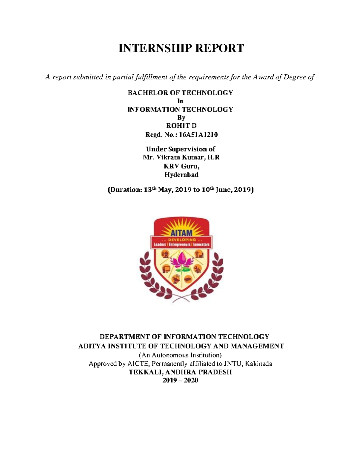 Internship Report sample 4 - INTERNSHIP REPORT A report submitted in partial fulfillment of the ...