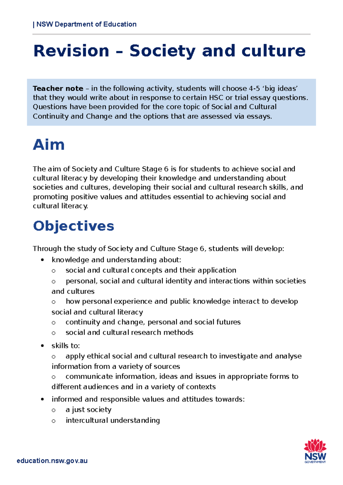 Revision for SAC - | NSW Department of Education Revision – Society and ...