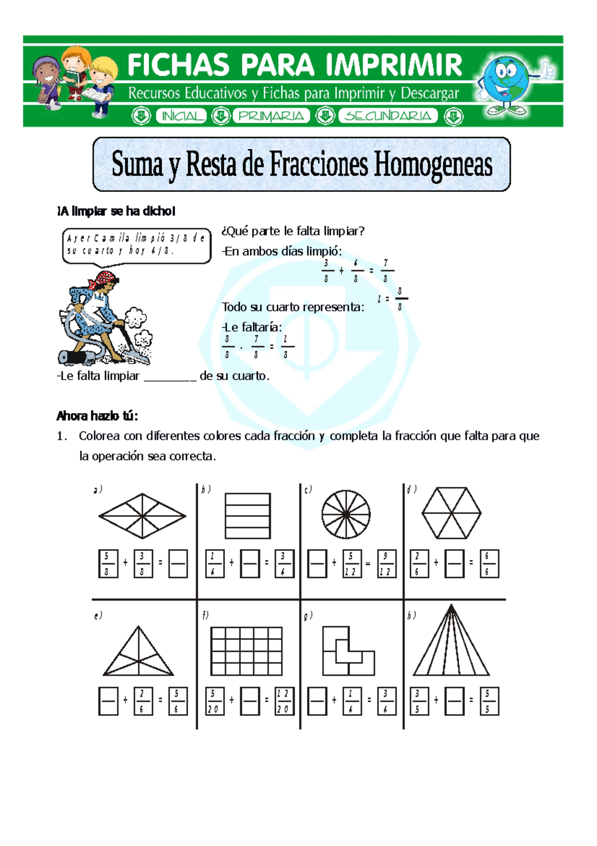 Ficha Suma y Resta de Fracciones Homogeneas para Tercero de Primaria 1 ...