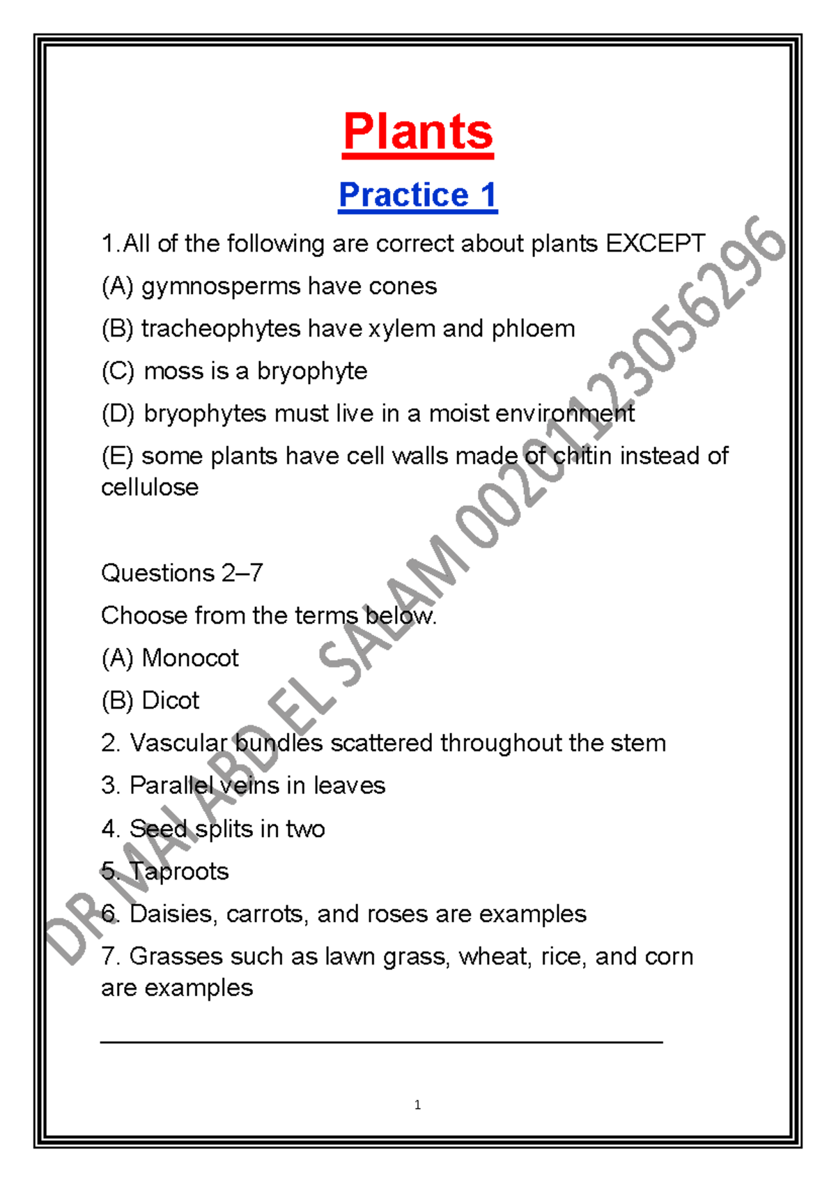 Plants practice 1 - Biology for ACT exams - Plants Practice 1 1 of the ...