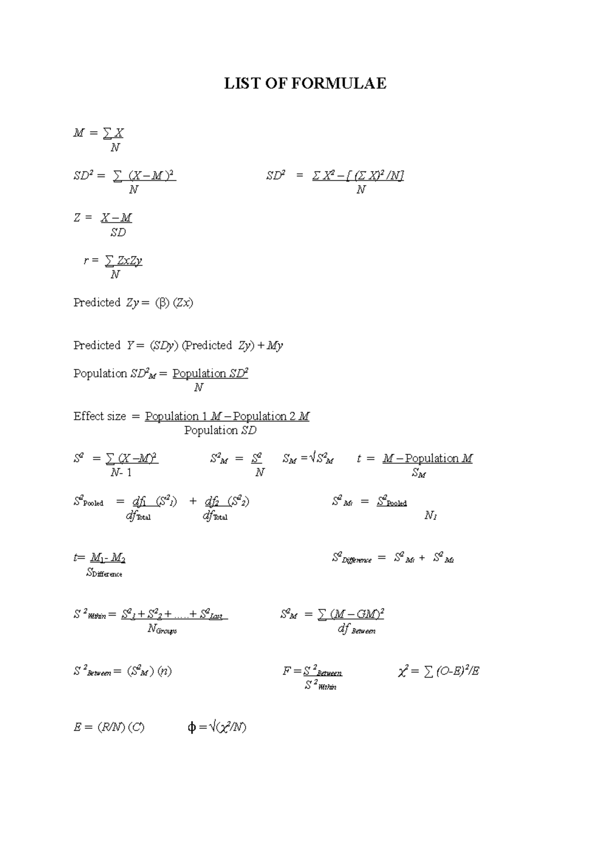 LIST OF Formulae - list of statistical formula such as variance ...
