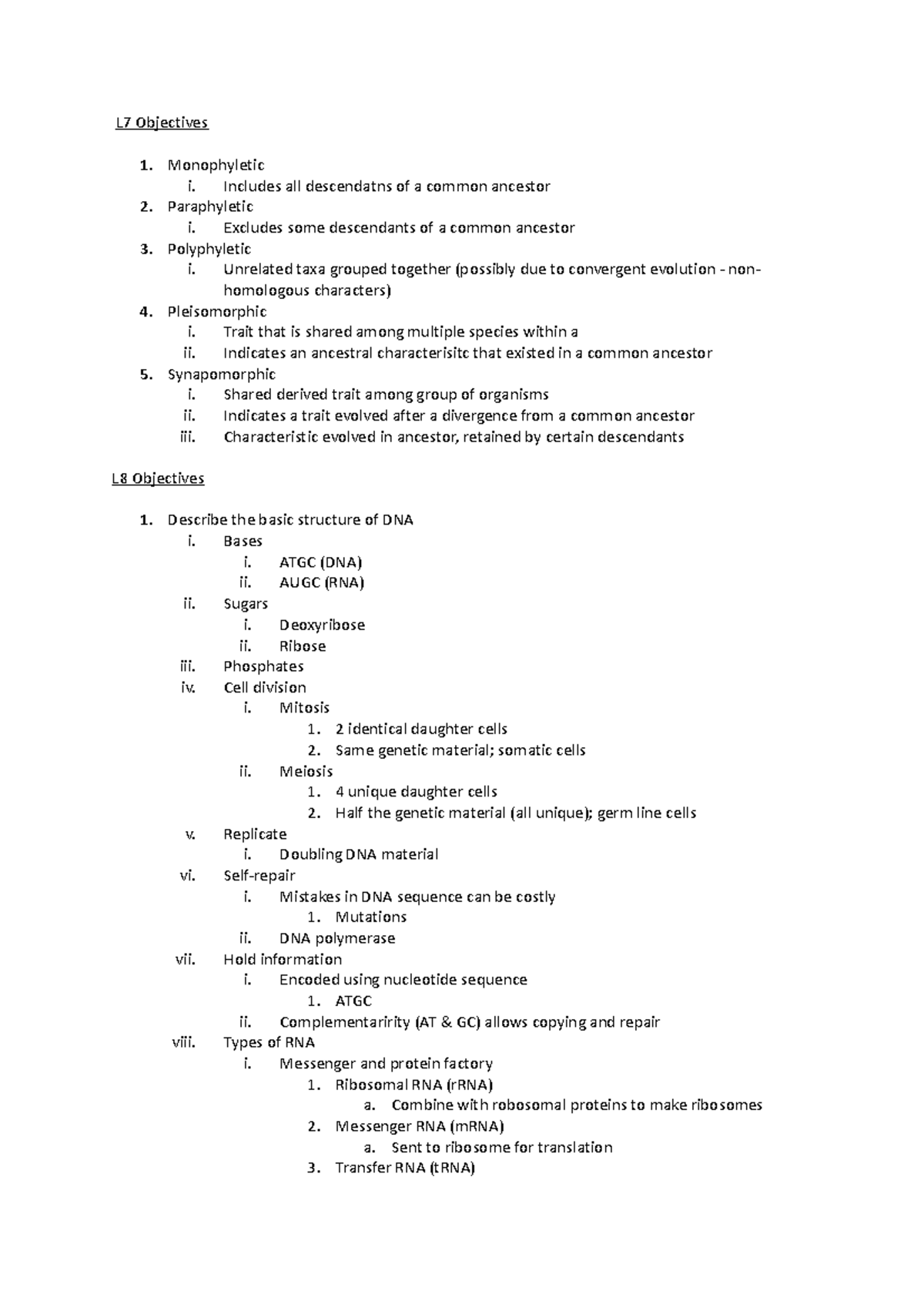 L7 L14 - Summary of learning objectives 7 to 14 - L7 Objectives Monophyletic i. Includes all ...