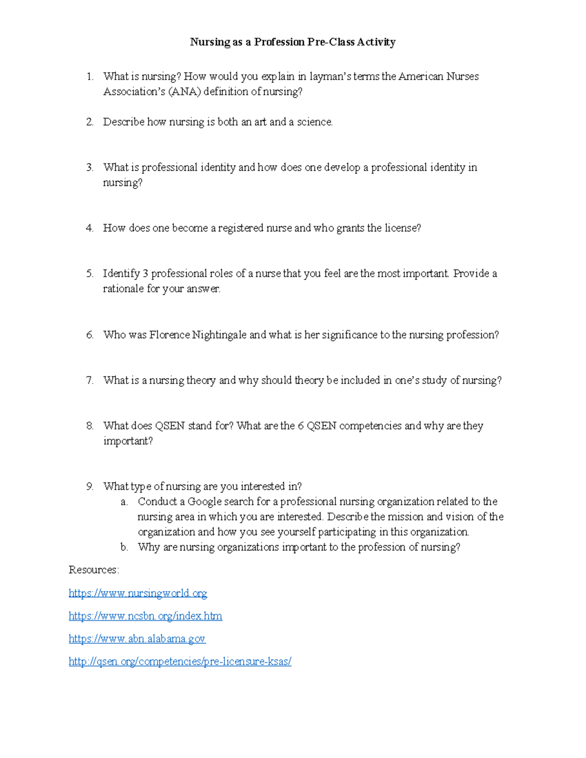 Nursing as a Profession Pre-Class Activity for studying - Nursing as a ...