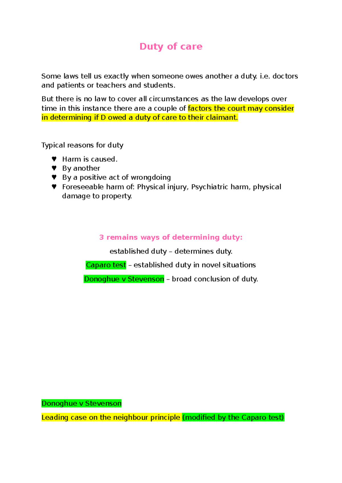 Duty - Notes - Duty of care Some laws tell us exactly when someone owes ...