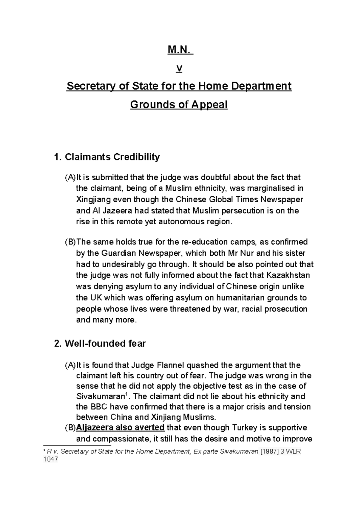 Grounds of appeal - M. v Secretary of State for the Home Department ...