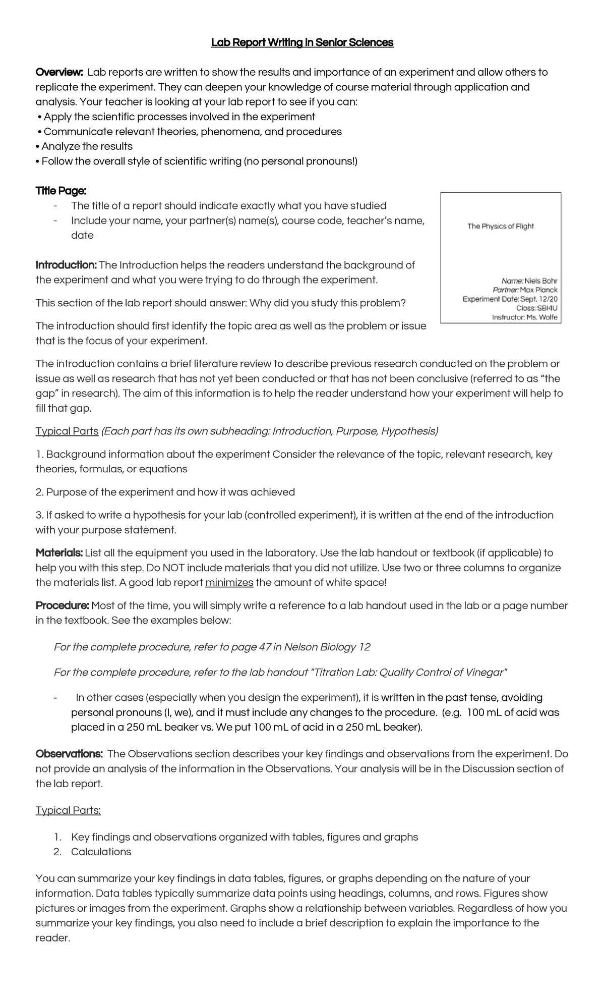 Lab Report Handout - what is expected - Lab Report Writing in Senior ...