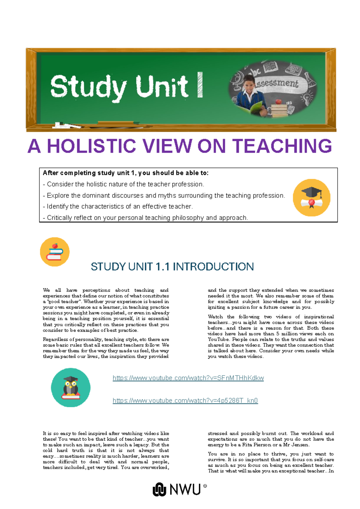 Study+Unit+1 - A HOLISTIC VIEW ON TEACHING After completing study unit ...