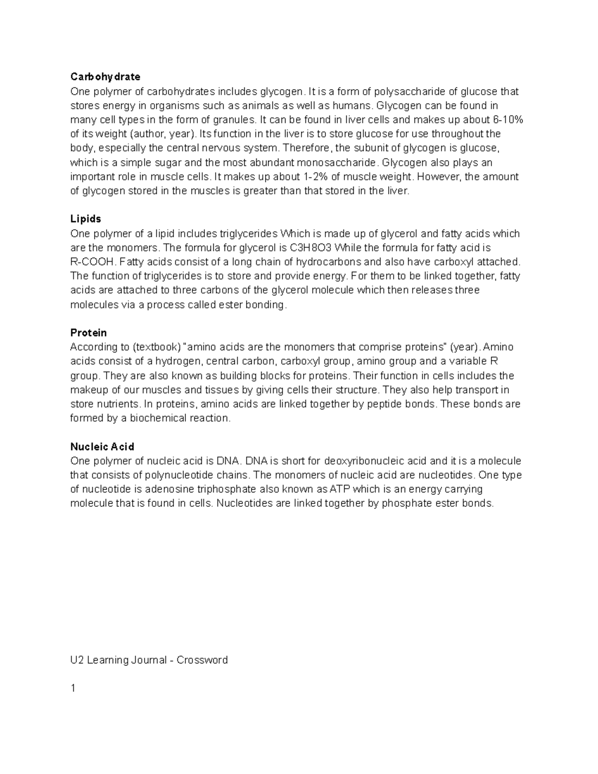 Biology unit 2 journal - Carbohydrate One polymer of carbohydrates ...