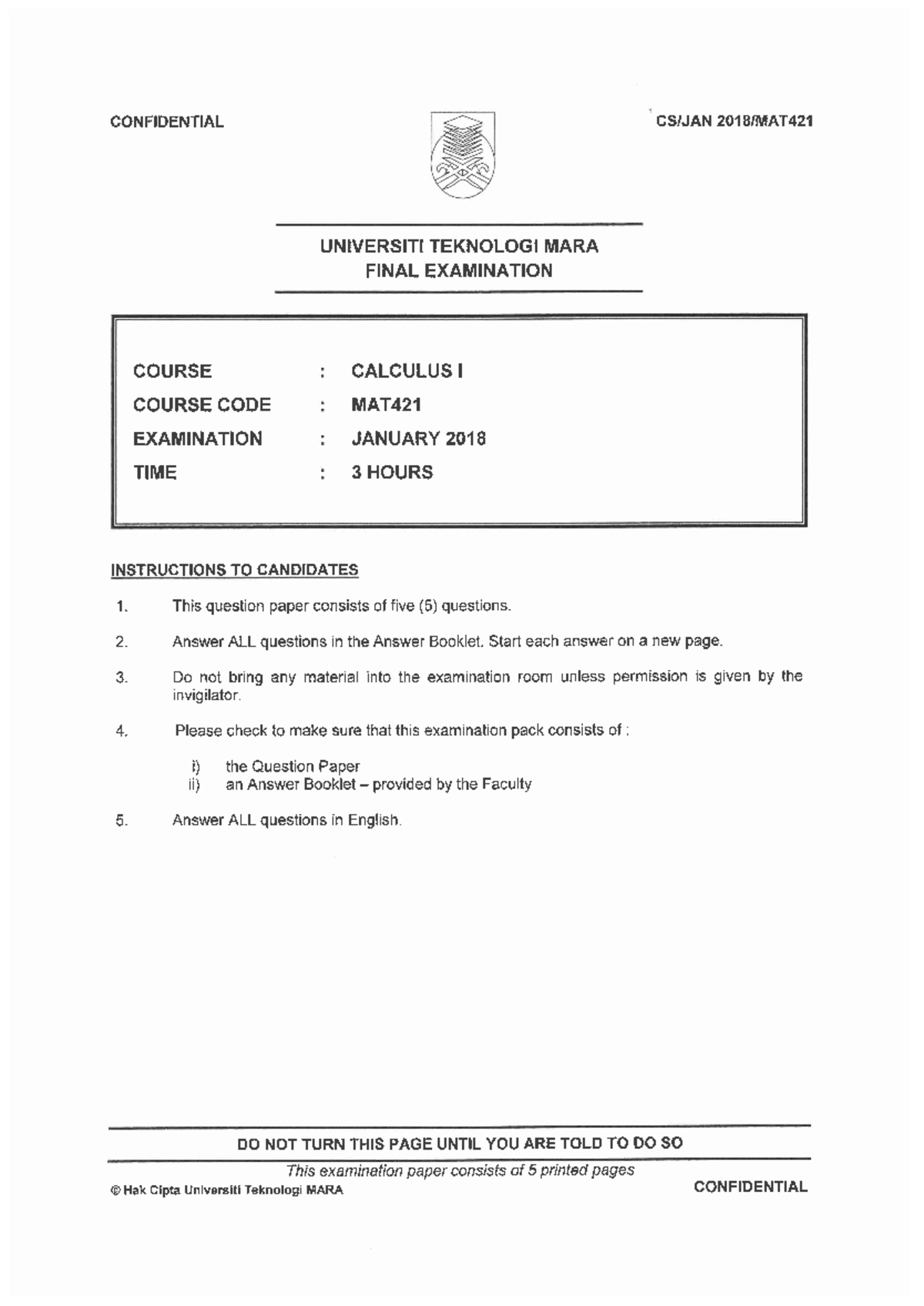 2018 Calculus I PAST YEAR Session 1 - Statistics For Science And Engineering - Studocu