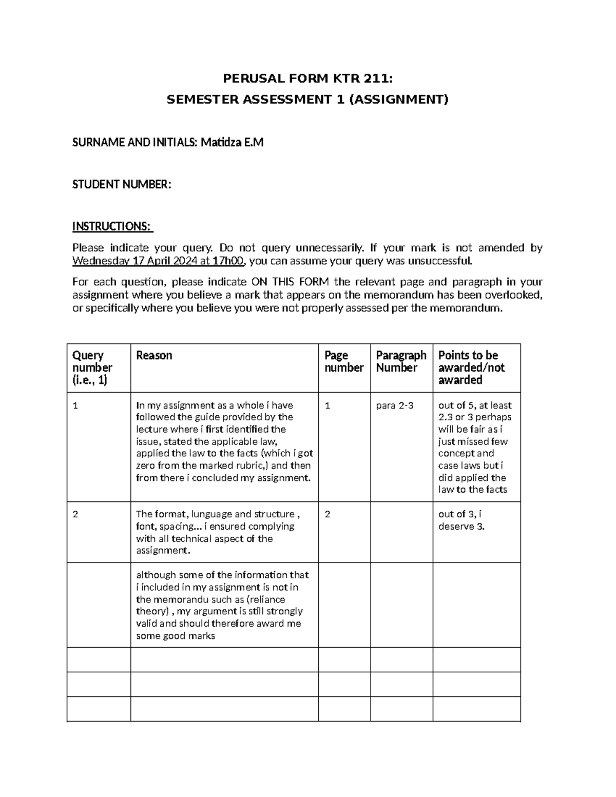 guidelines for perusing KTH - PERUSAL FORM KTR 211: SEMESTER ASSESSMENT ...