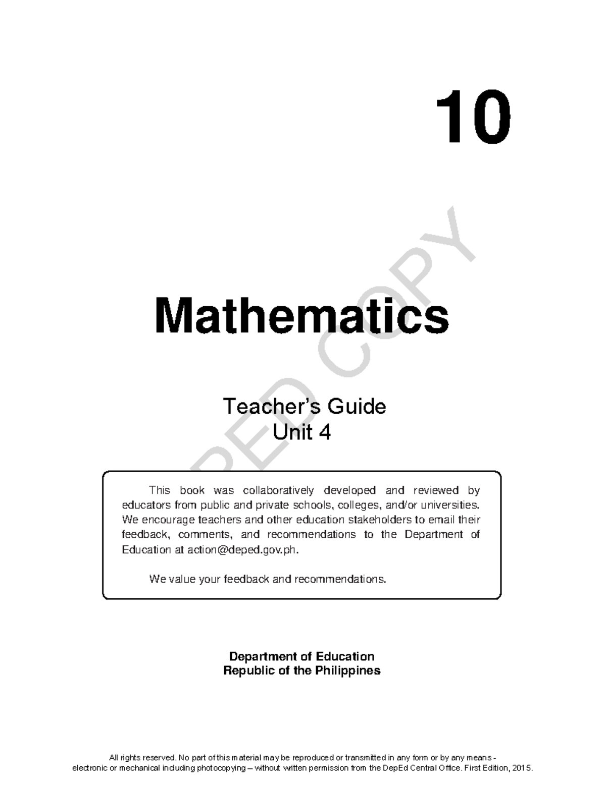 TG Mathematics 10 Q4 - DEPED COPY 10 Mathematics Department of ...
