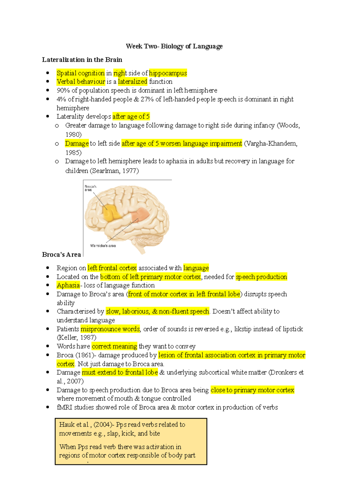Biology of Language (W2) - Week Two- Biology of Language Lateralization ...