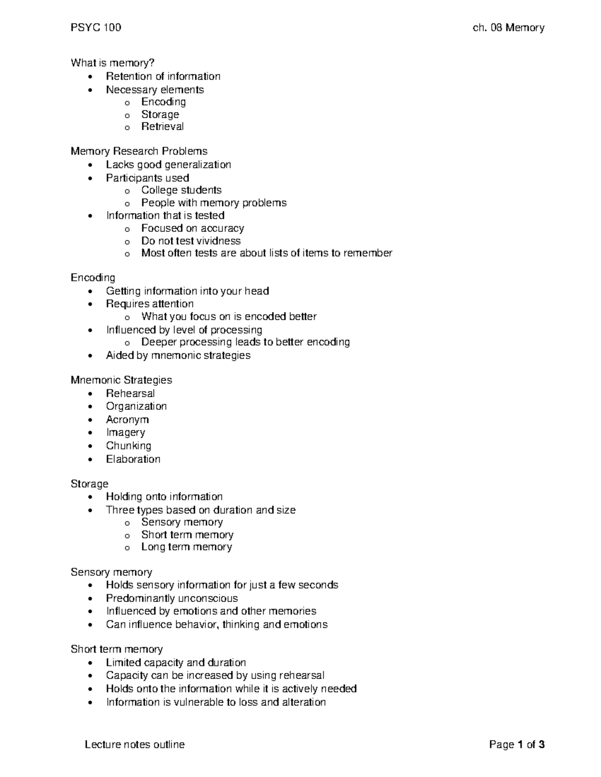 Ch 08 memory - psychology 100 - PSYC 100 ch. 08 Memory Lecture notes ...