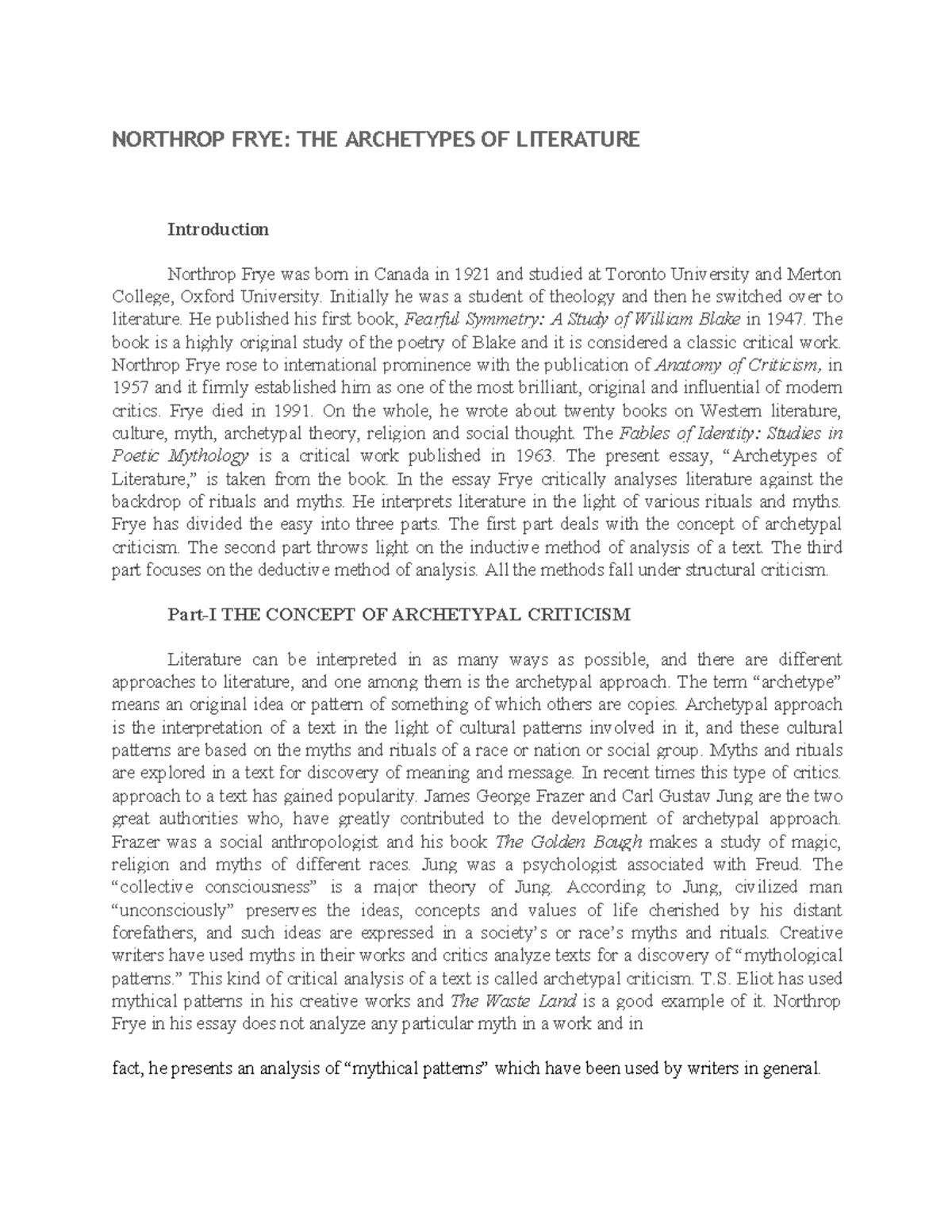 UNIT -III Northrop FRYE - NORTHROP FRYE: THE ARCHETYPES OF LITERATURE ...