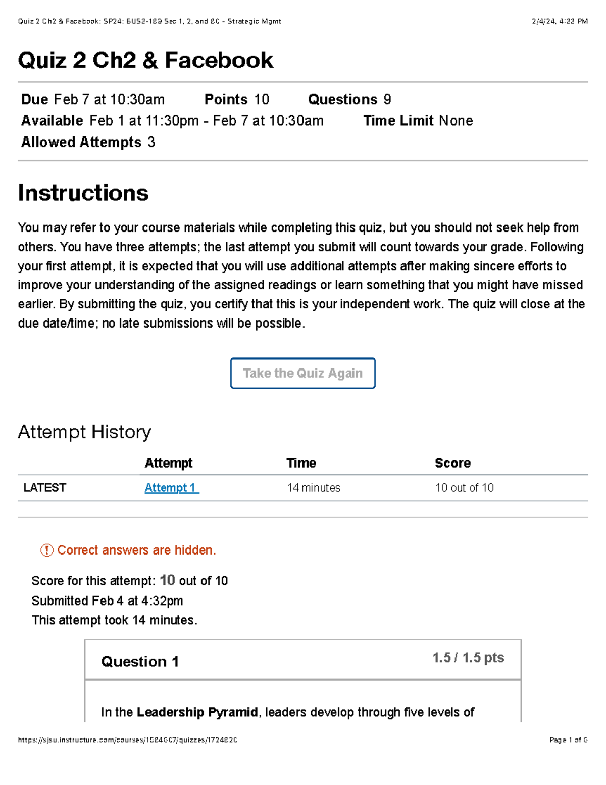 Quiz 2 Ch2 Facebook SP24 BUS3 189 Sec 1 2 and 80 Strategic Mgmt - Quiz ...