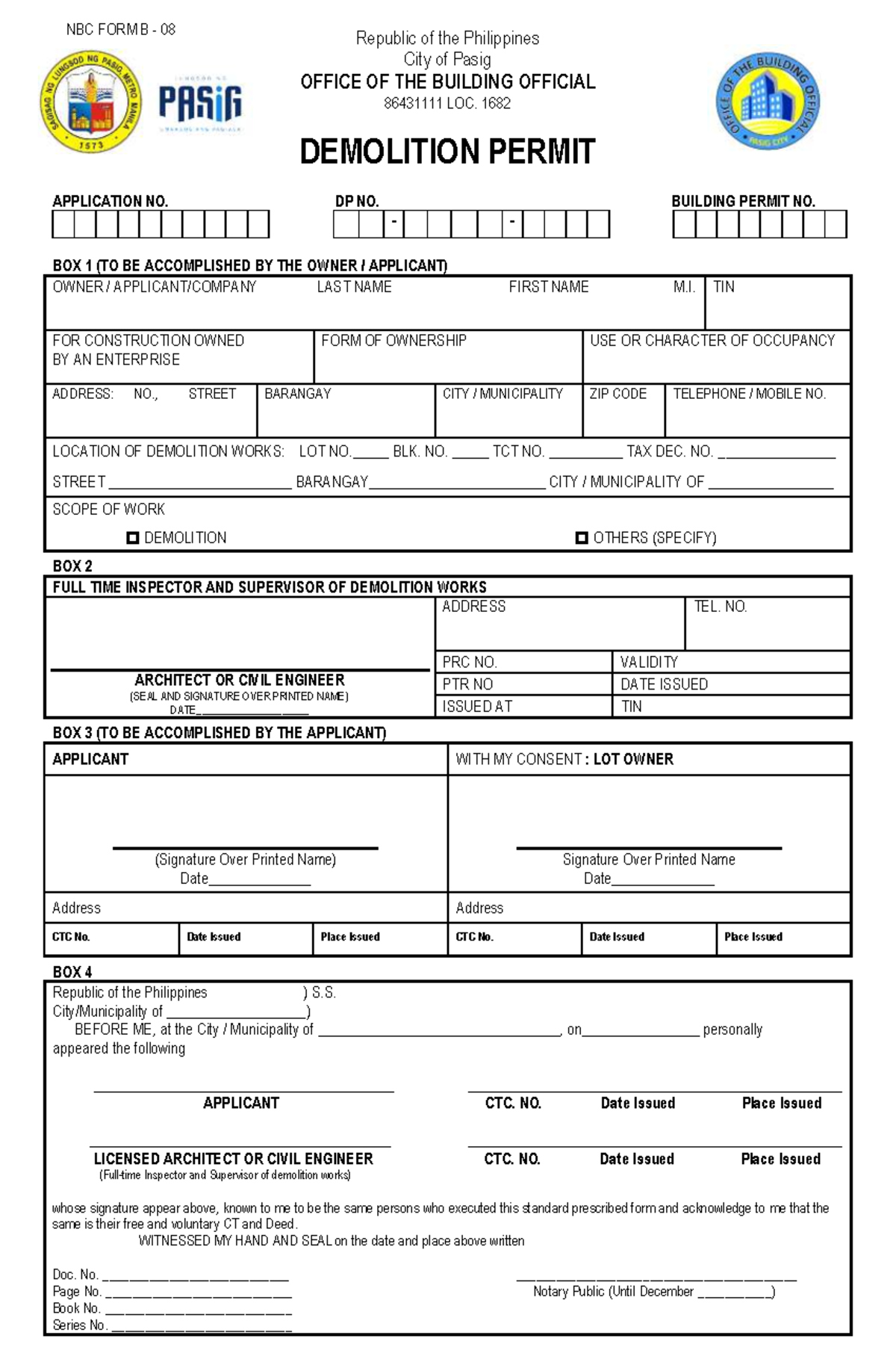 Demolition Permit - Republic of the Philippines City of Pasig OFFICE OF ...