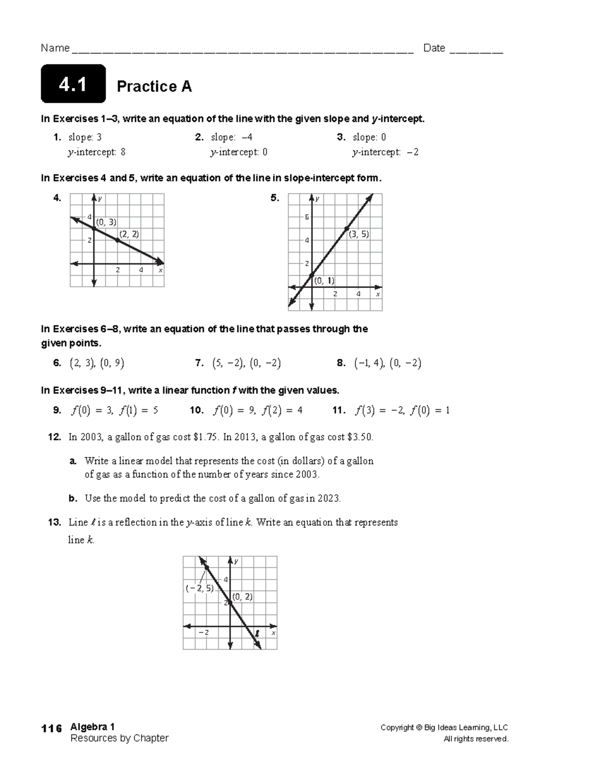 Math Homework day 97 - Algebra 1 Copyright © Big Ideas Learning, LLC ...