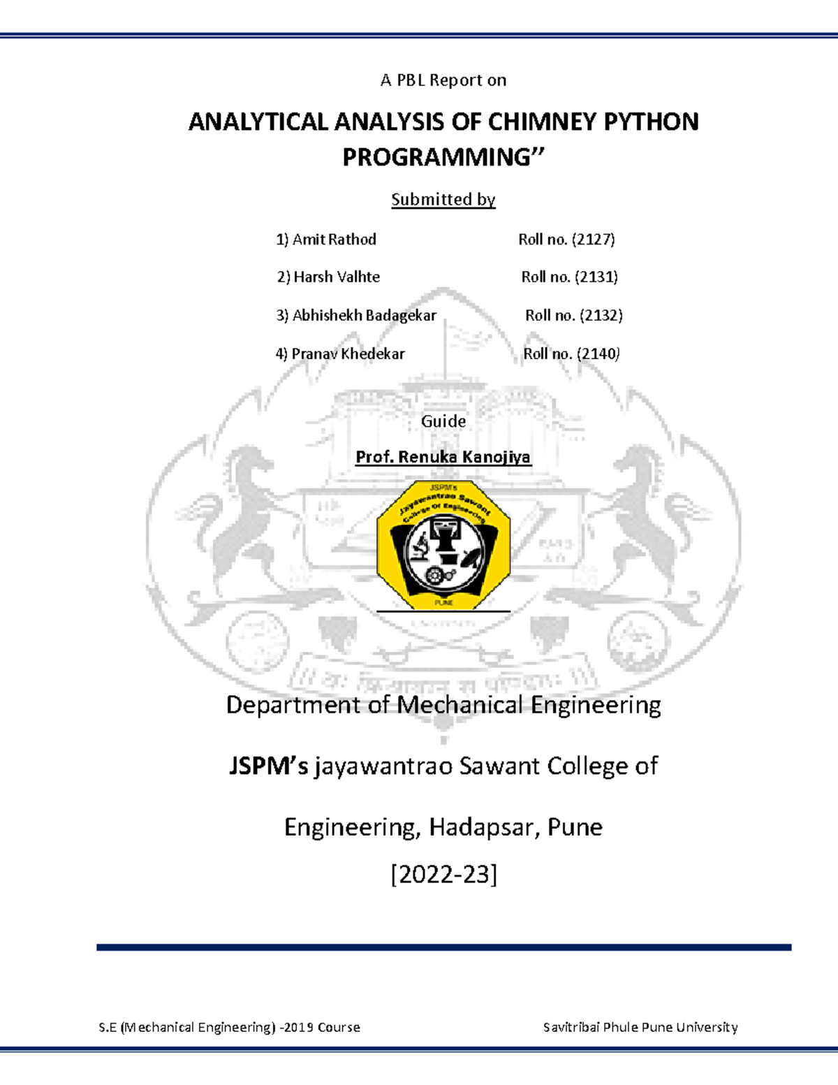 PBL report on Reverse carnot cycle - A PBL Report on ANALYTICAL ANALYSIS OF CHIMNEY PYTHON - Studocu