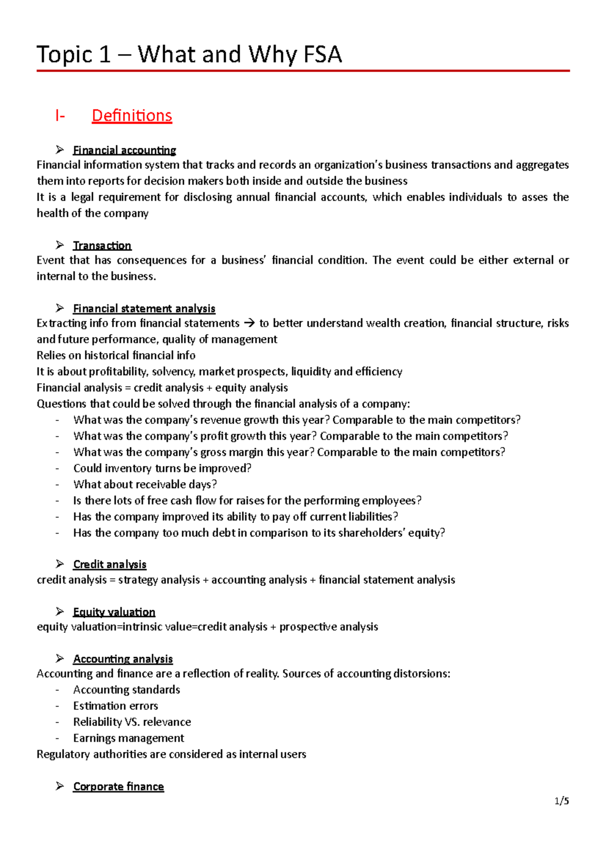 Topic 1 What And Why FSA - Résumé Financial Statement Analysis And ...