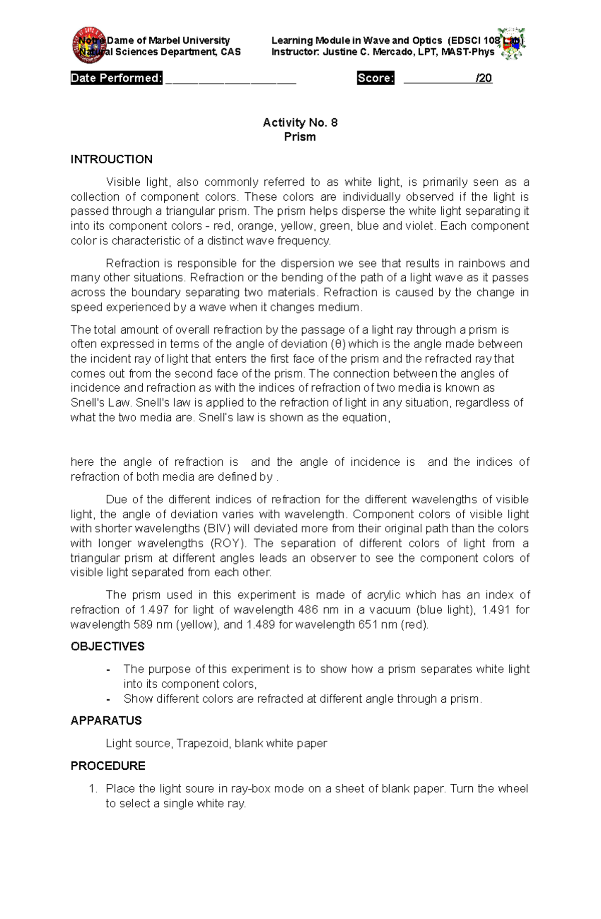 Edsci 108 - Prism Experiment - Tulio G.R - Notre Dame of Marbel ...