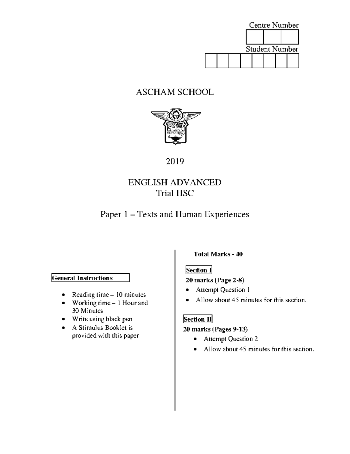 Ascham 2019 English Trial Paper 1 - Centre Number Student Number ASCHAM ...