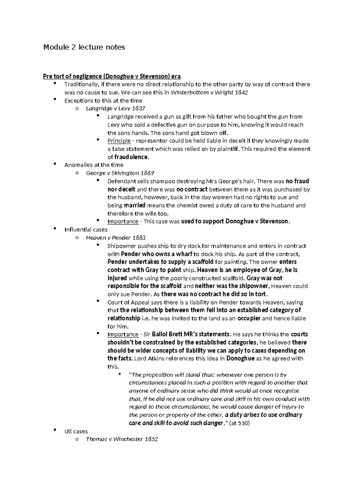 Module 2 lecture notes - Module 2 lecture notes Pre tort of negligence ...