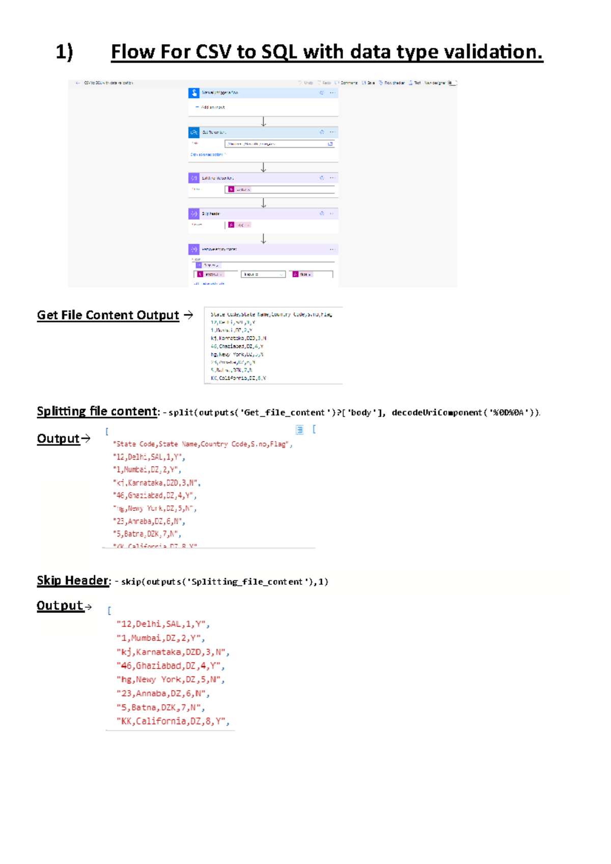 Flows documents (by Dhruv Singh) - 1) Flow For CSV to SQL with data type validation. Get File ...