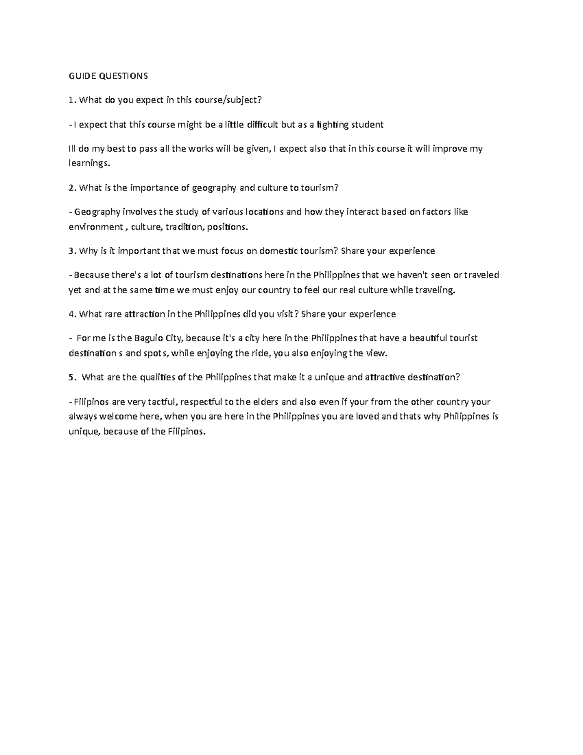 Tourism Guide Questions - GUIDE QUESTIONS What do you expect in this ...