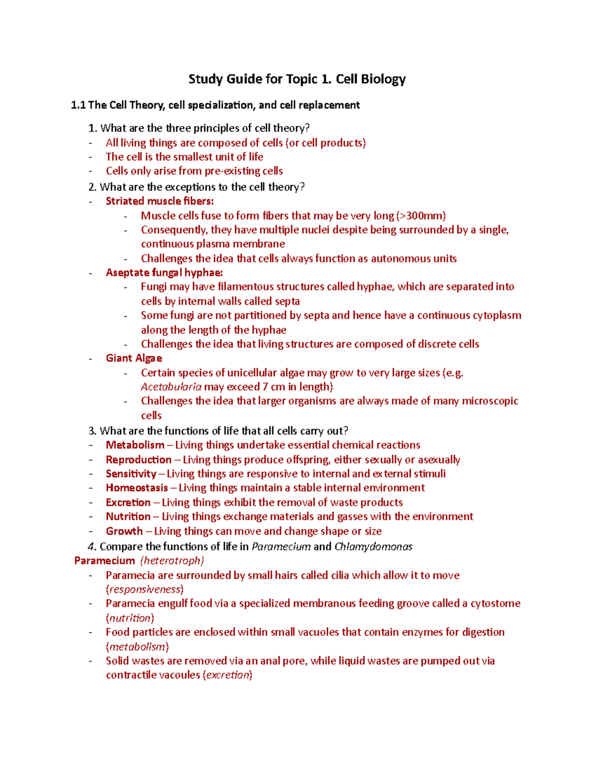 Topic 1 Study Guide Fall 2022 - Study Guide for Topic 1. Cell Biology 1 The Cell Theory, cell ...